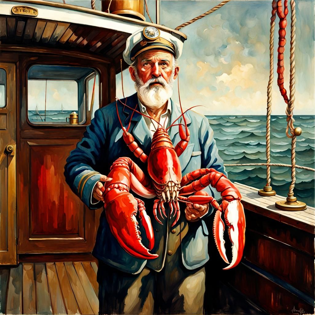 A well defined old sea captain standing deck of a beautiful lobster ...
