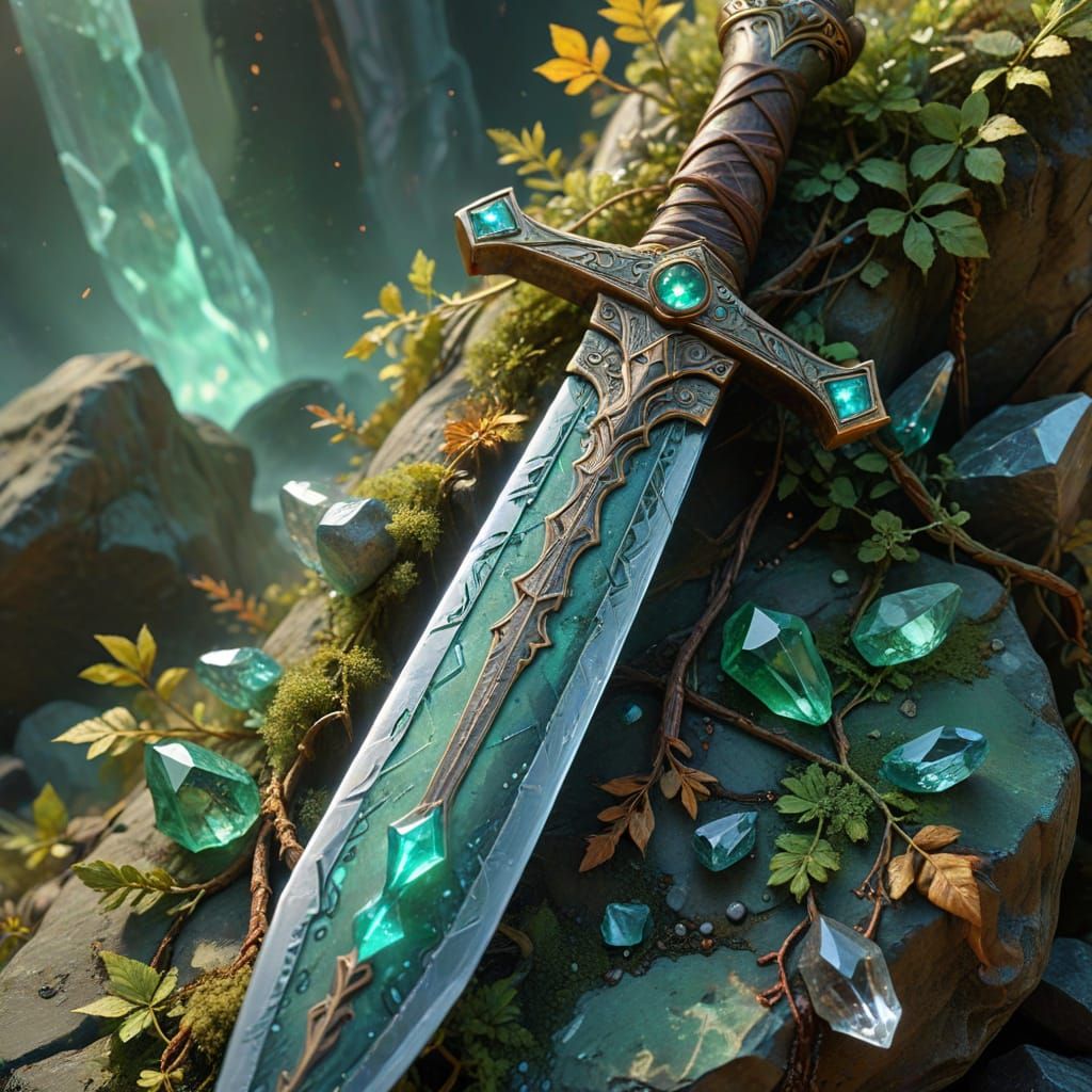 Illustrate a sword carved from ancient stone, its blade etched with ...