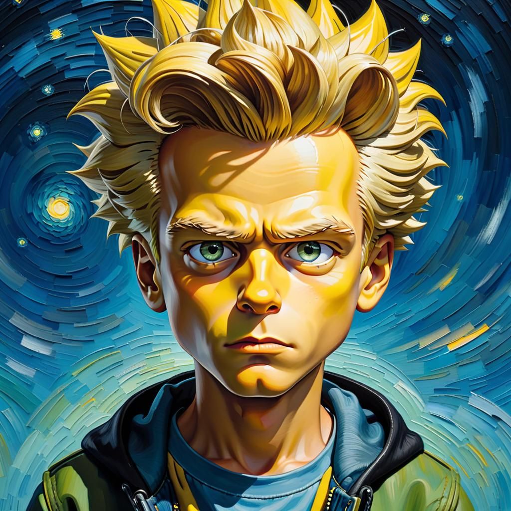 A portrait of Bart Simpson, 10 year old boy, shoet hair, light scowl ...