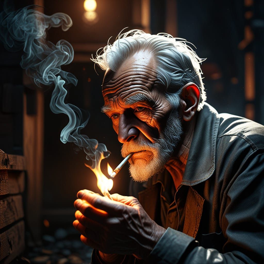 hyper-realistic depiction of an old man lighting a cigarette with a ...