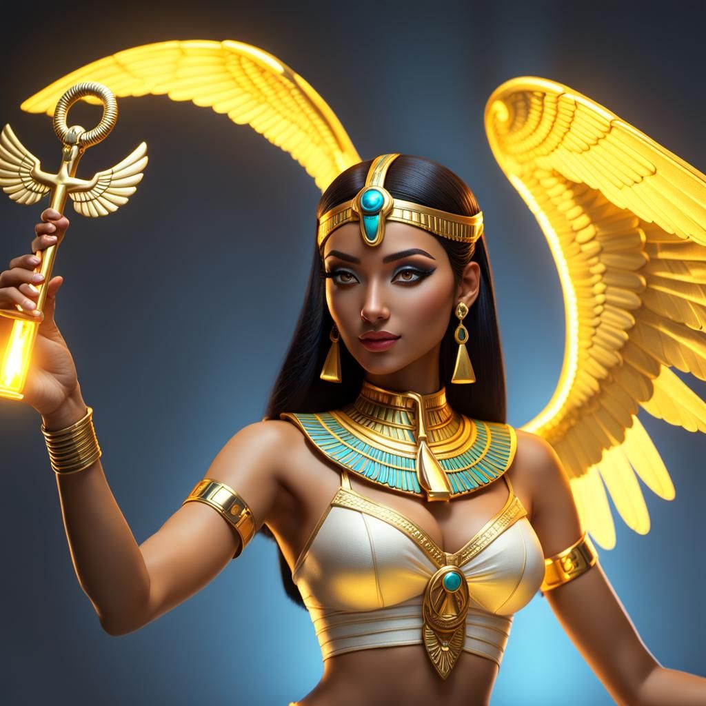 Hyperereal dof volumetric lighting, translucent cute Egyptian Goddess Isis girl playing with a ...
