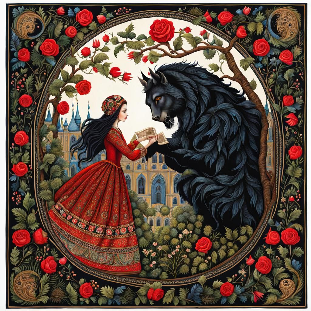 intricately detailed storybook illustration, Beauty and the Beast ...