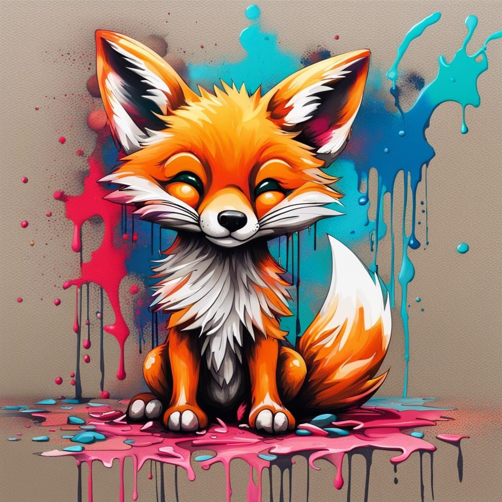 Adorable cute baby fox graffiti art, splash art, street art, spray paint, oil gouache melting ...