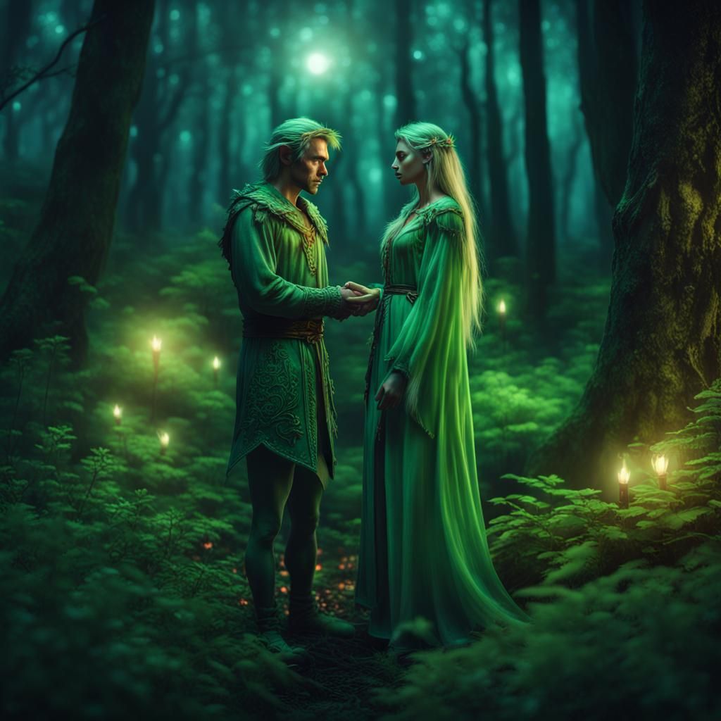 Elf gorgeous couple in green clothes, in the night forest ...