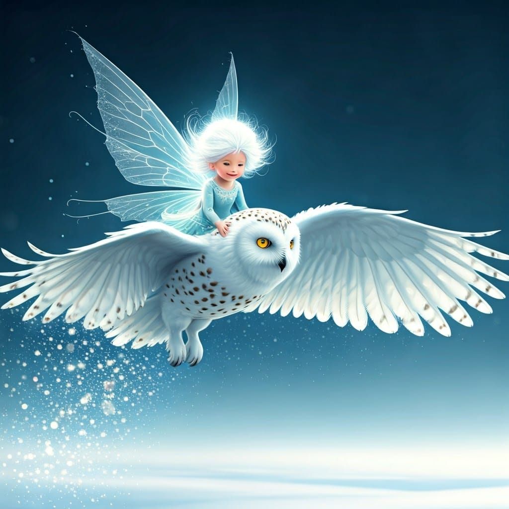 Young Tiny Fairy Rides Snowy Owl - Magical Tiny Fairy Rides ...