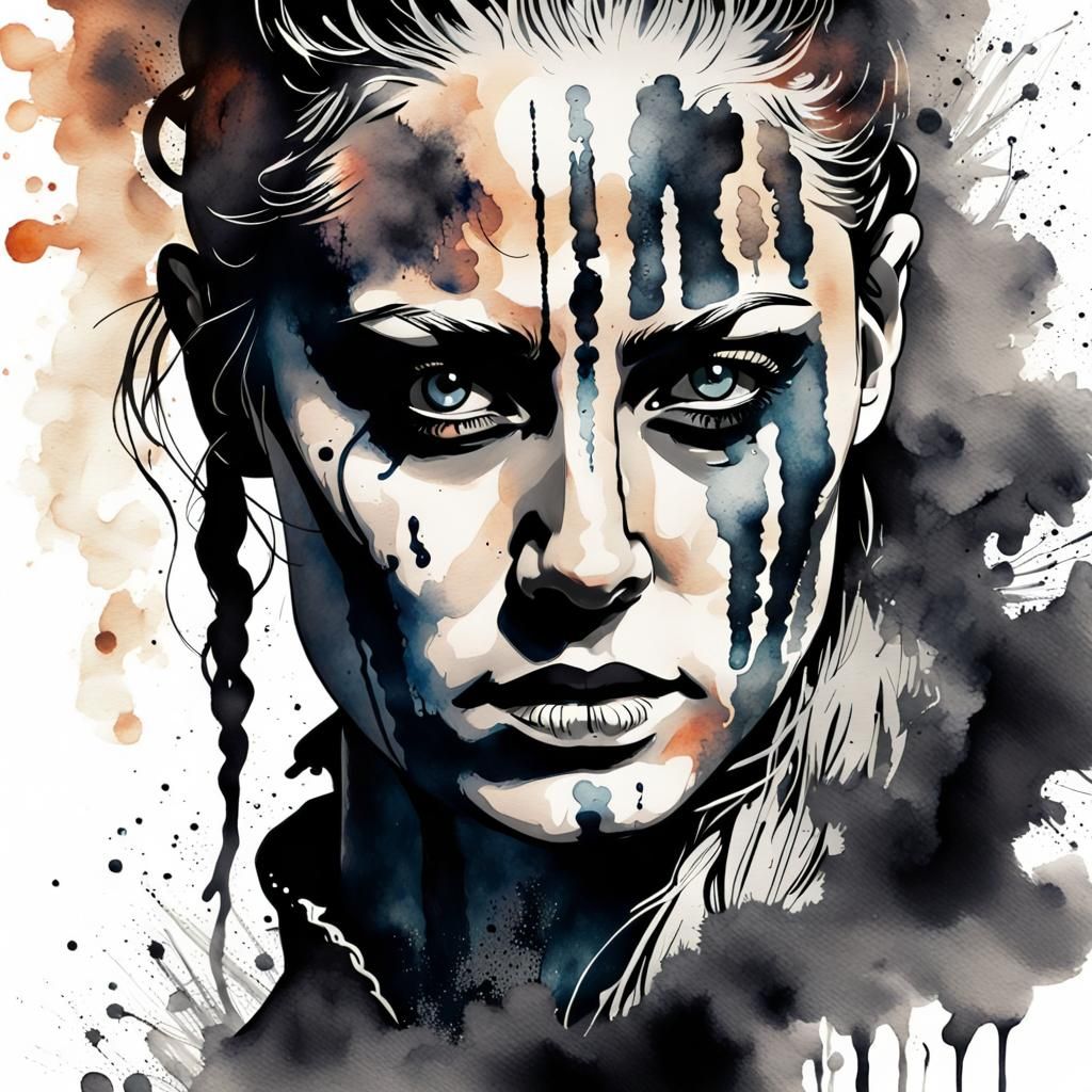 Ragnar intense gaze with warpaint on her face, perfect, masterpiece, ink splatter, silhouette ...