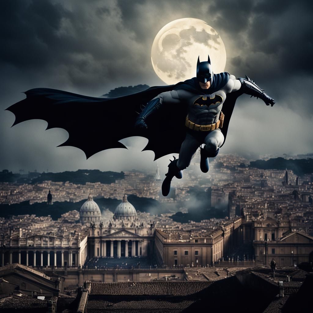 Batman soars over the Vatican skyline like a dark shadow. Dark clouds ...
