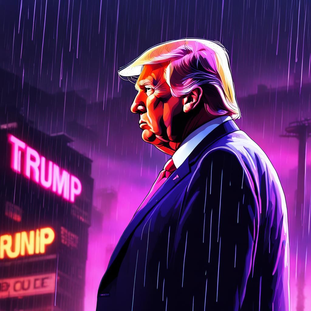 Donald Trump, standing in the rain, looking down, standing on a rooftop ...
