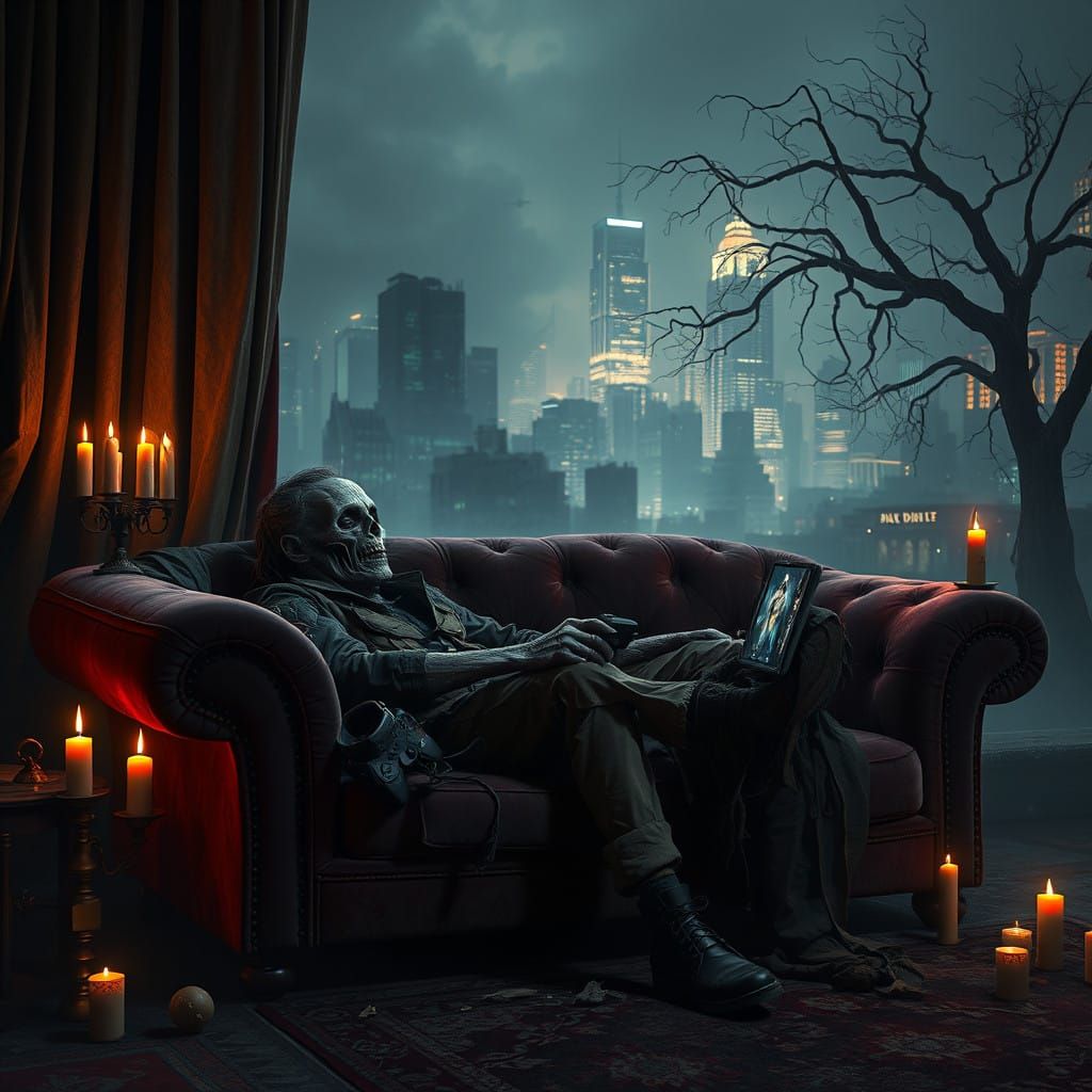 Undead Gamer in a Ruined Cityscape - AI Art