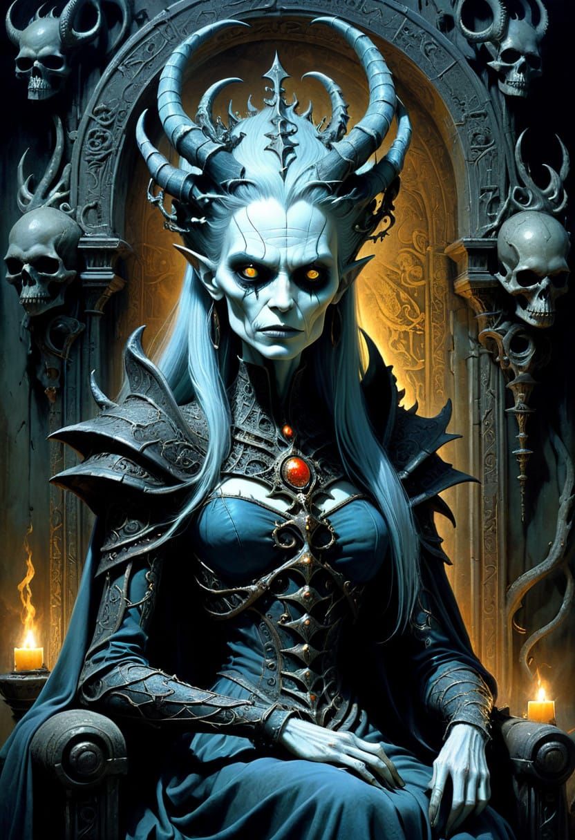 A statuesque, pale-blue-skinned Gothic demon queen with macabre ...