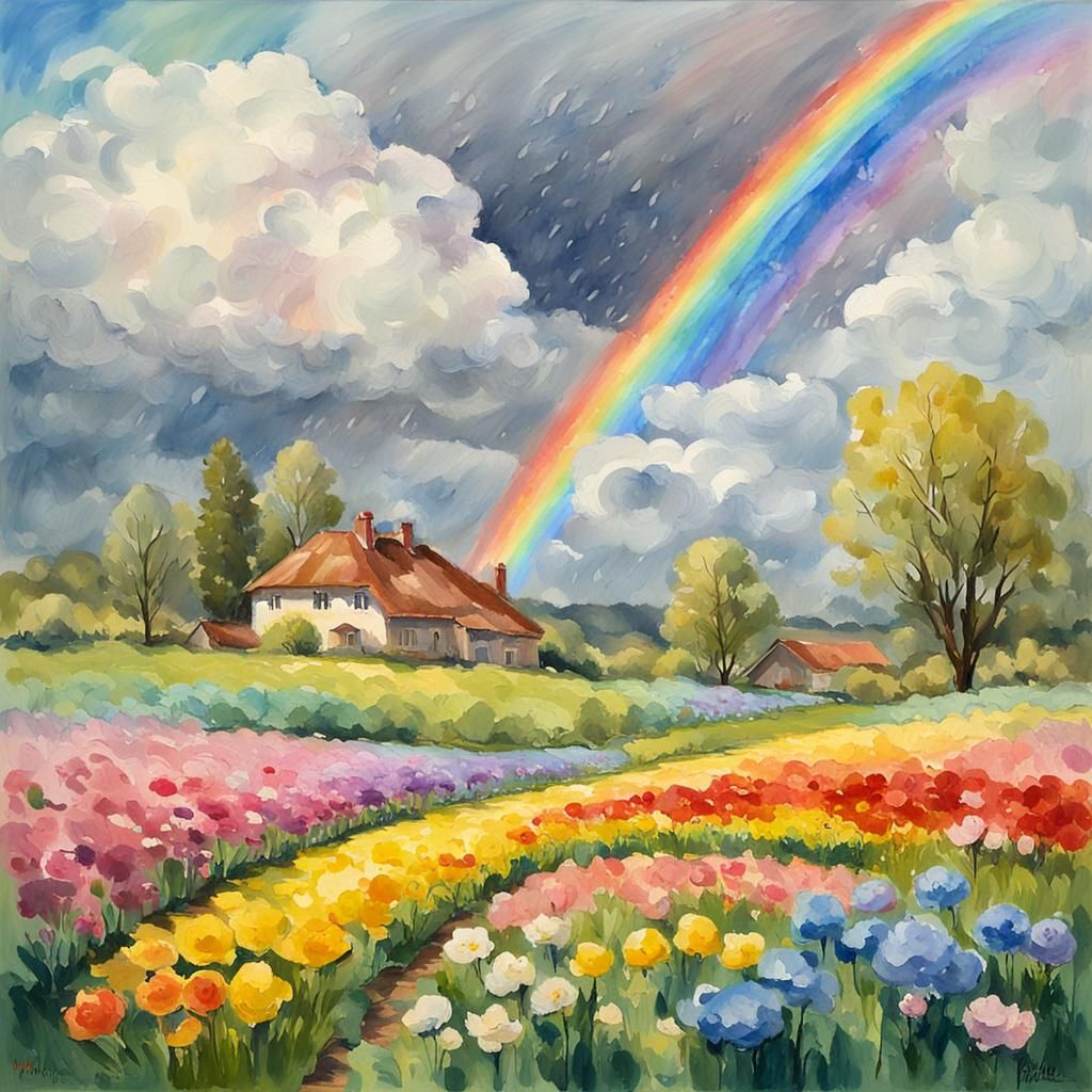 spring rain, flowers, clouds, rainbow, Easter Monday with friends - AI ...