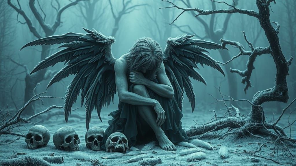 Gothic Fallen Angel in Frosty Barren Landscape - AI Art