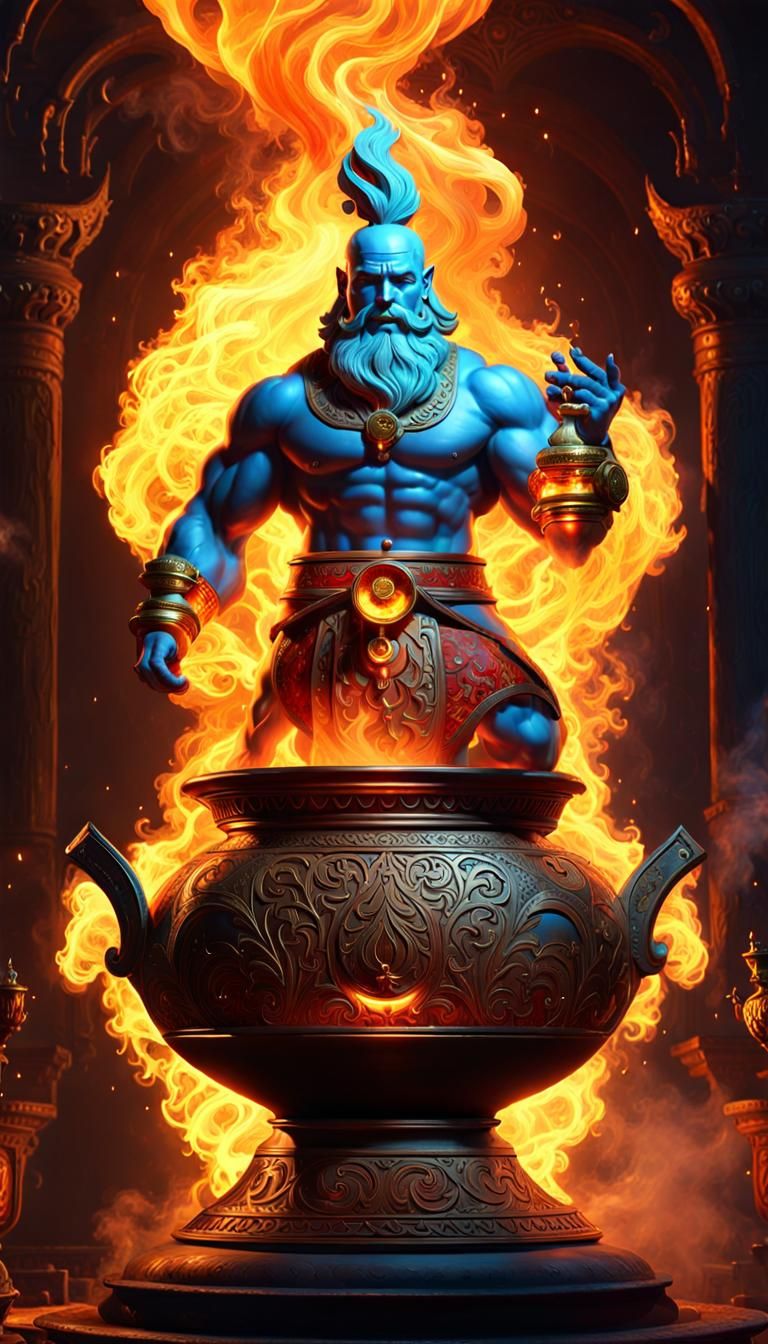 Giant Genie in human form stand on an antique pot, surrounded by flame ...