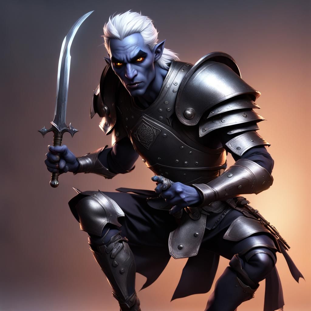male Drow with gray hair silver eyes leather armor two daggers posing ...