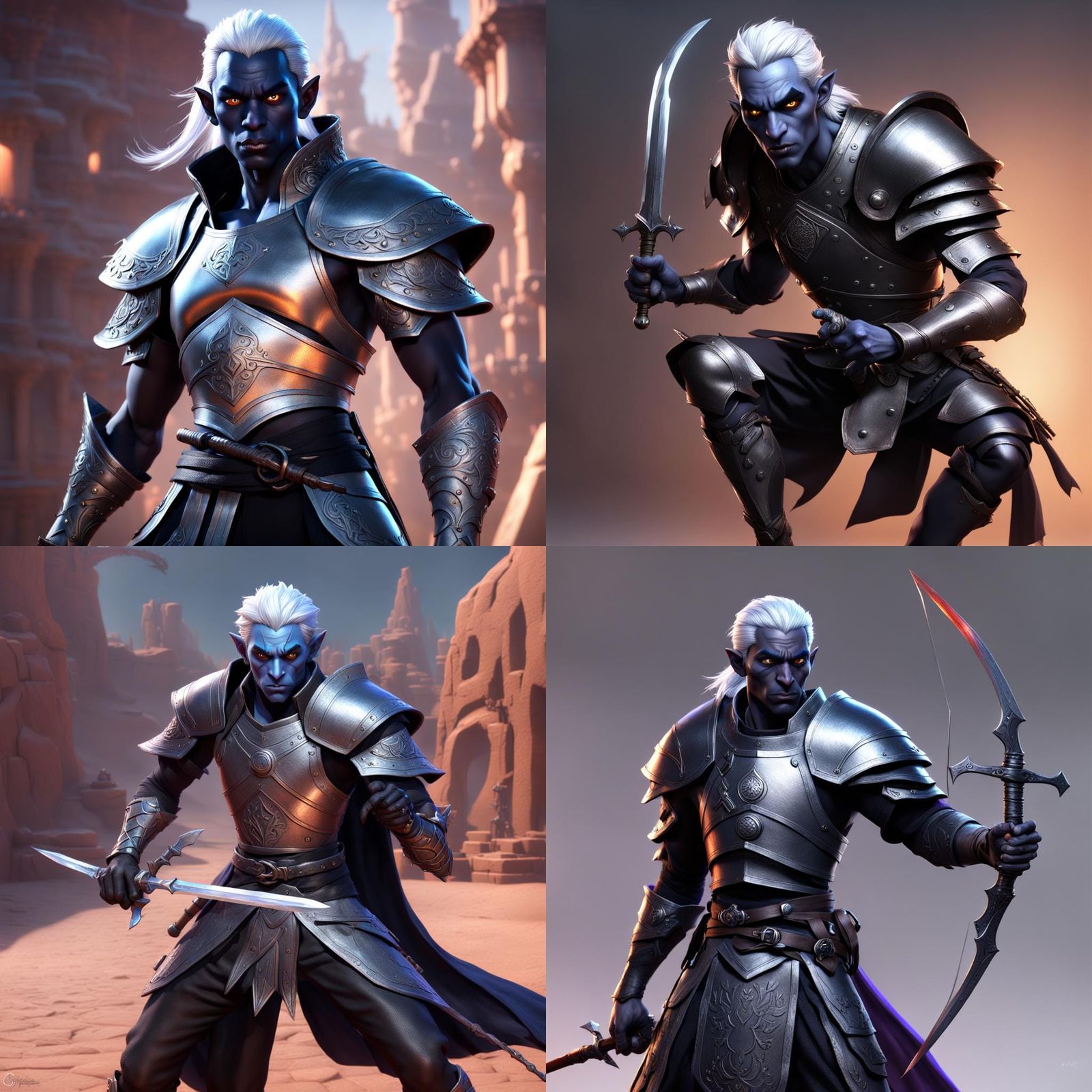 male Drow with gray hair silver eyes leather armor two daggers posing ...