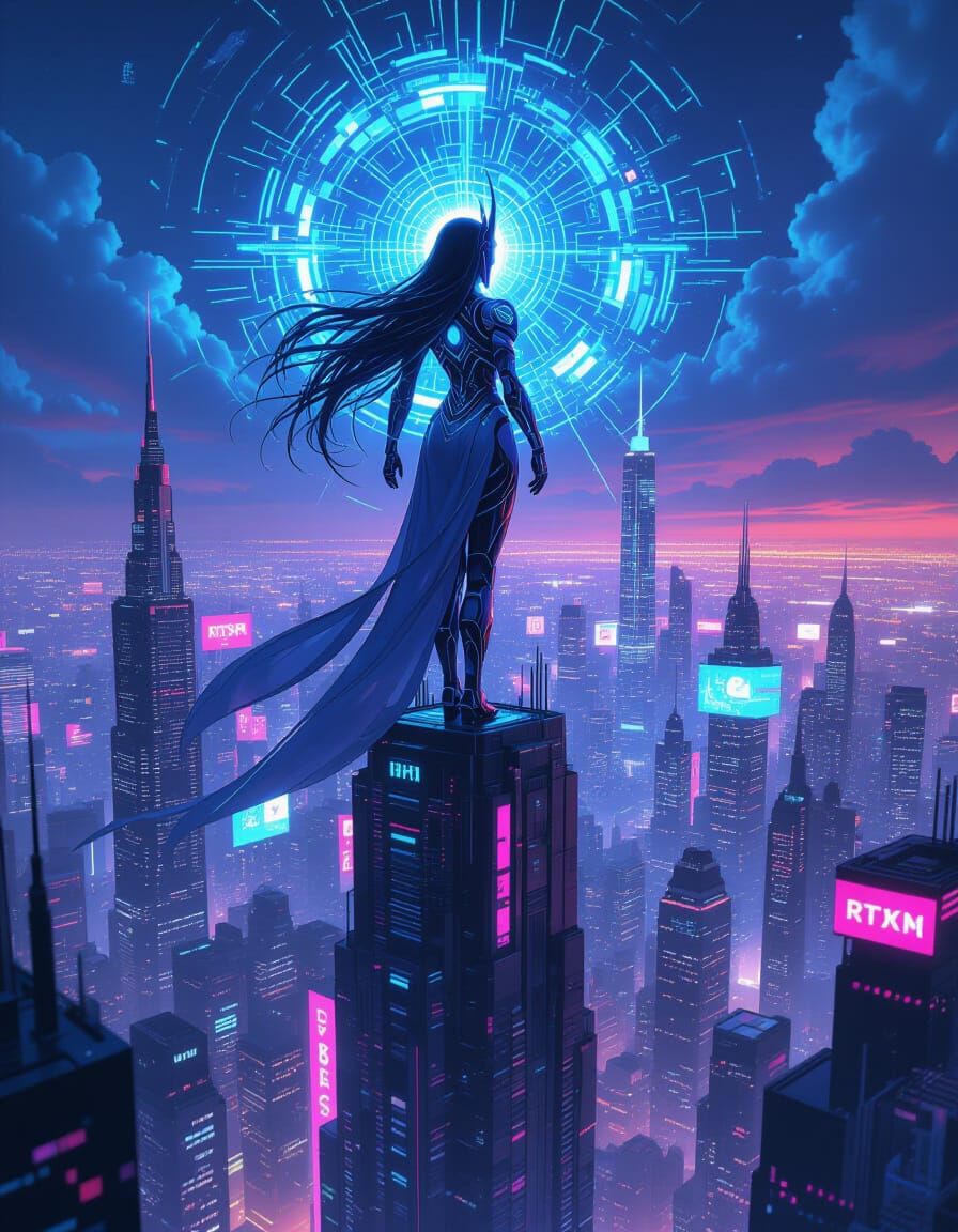 A futuristic cityscape and a goddess of technology