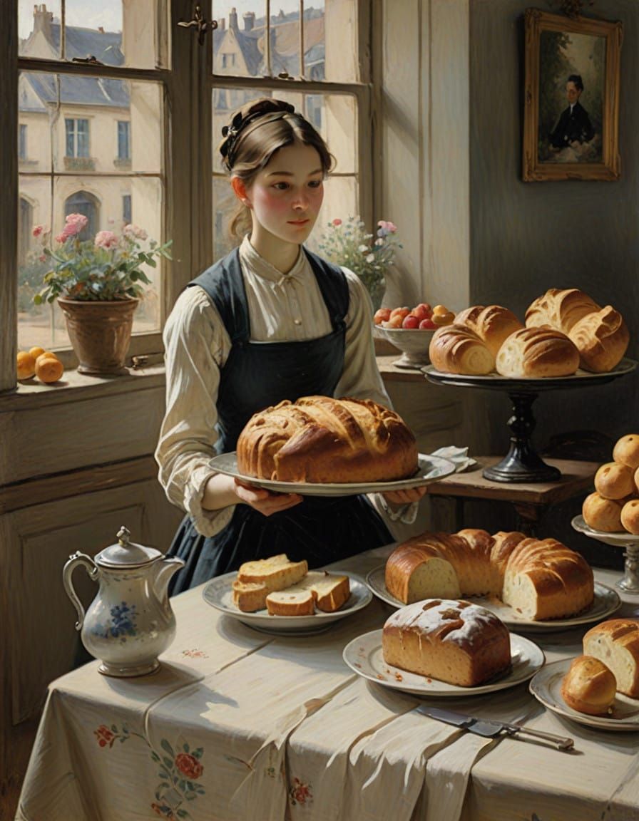 Rustic Bakery Scene with Golden-Crusted Sweet Brea... - AI Art