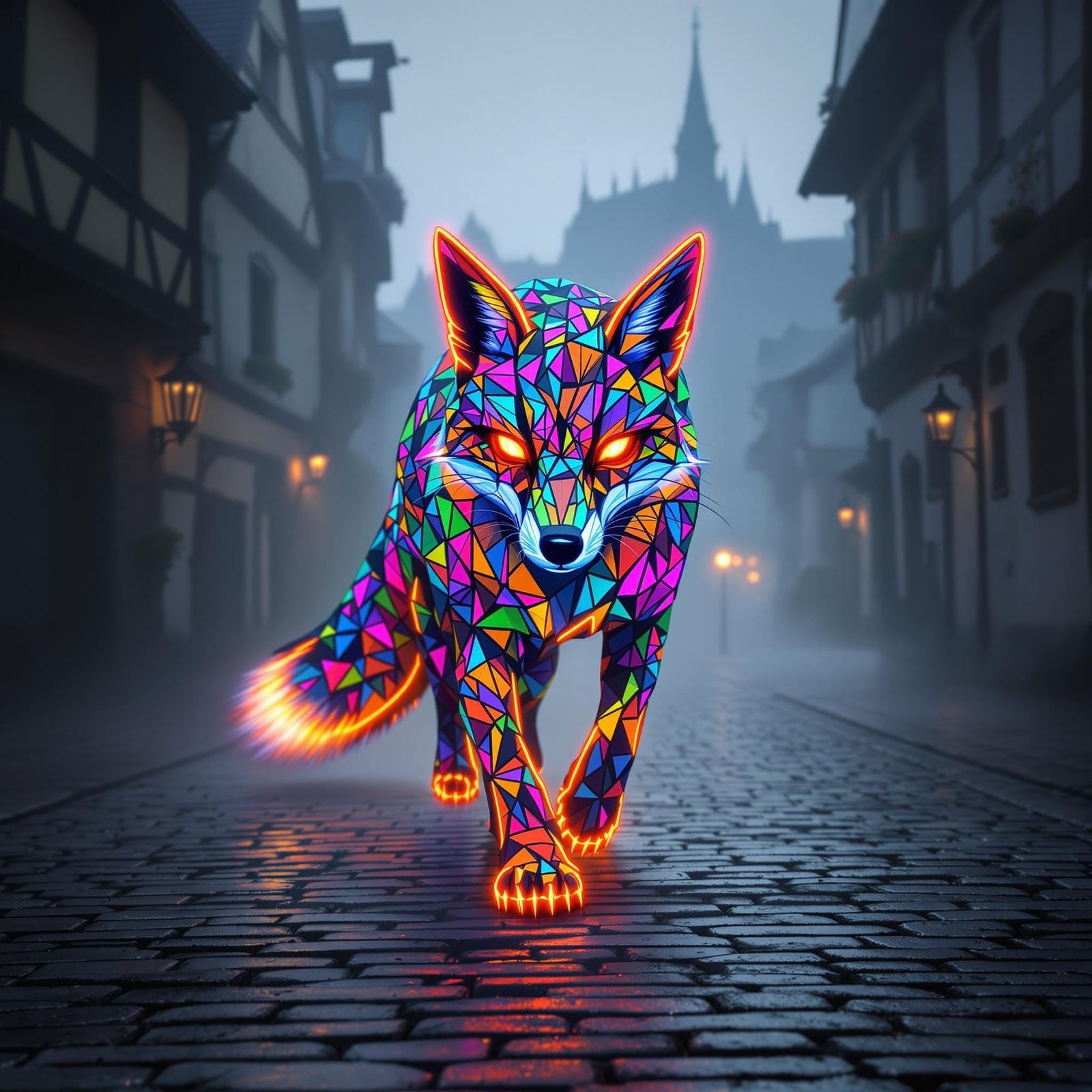 Street Art: Neon Fox in the Mist - Neon Fox Emerging from th...