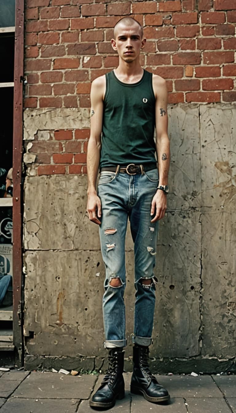 Skinhead dressed in Fred Perry tank top and Dr Martin boots, ripped ...