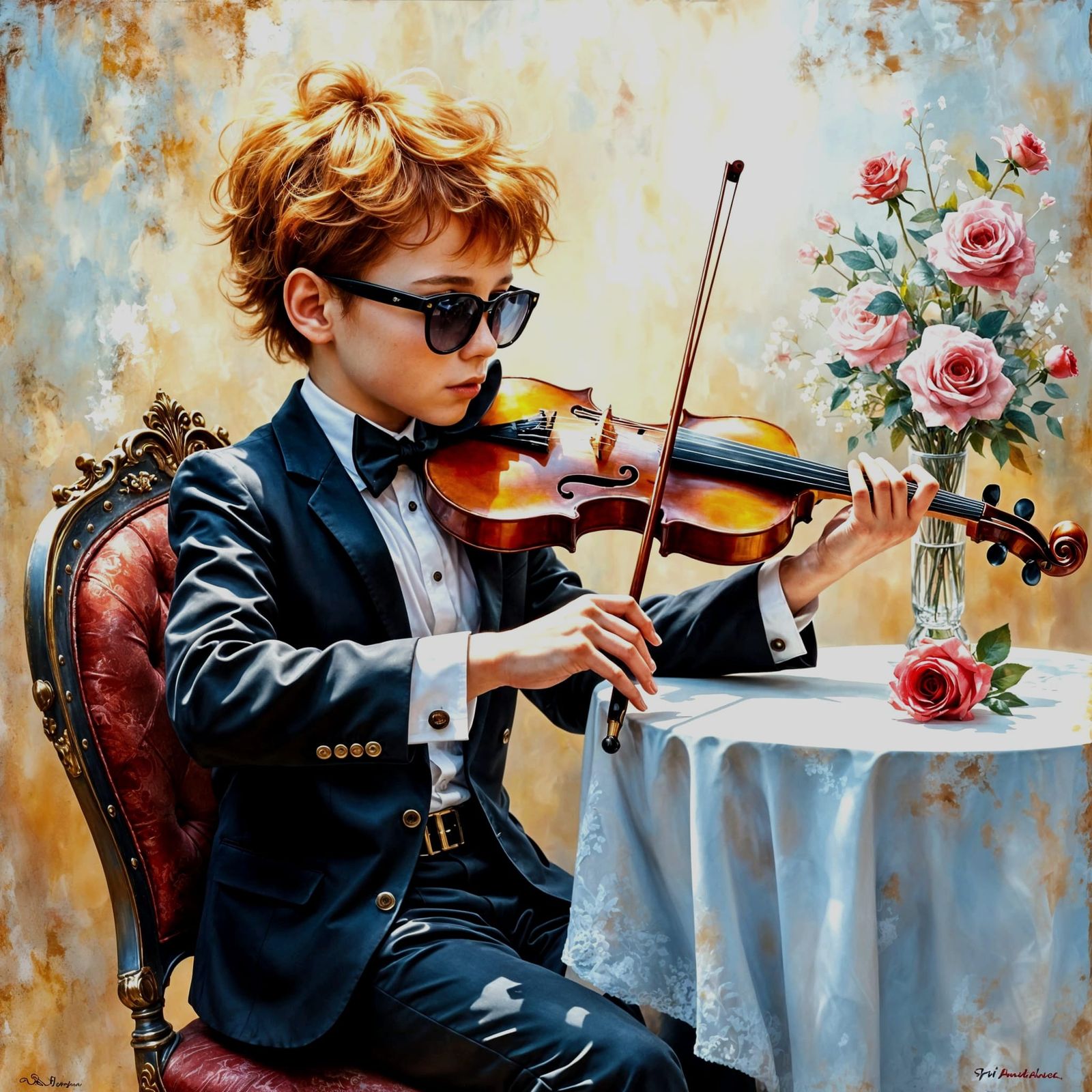 Young prodigy - Ethereal Boy Plays Violin in Whimsical Café...