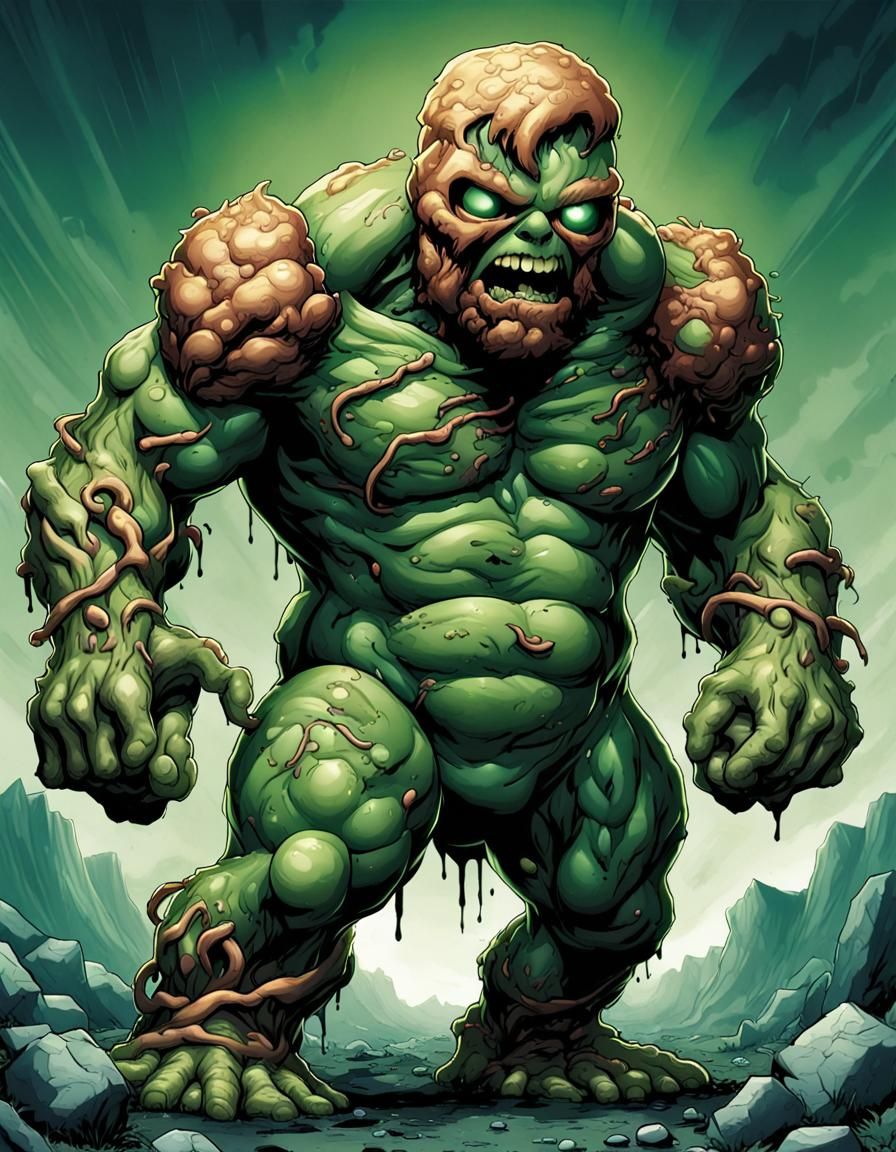 chibi zombie the thing from fantastic four, background, green skin - AI ...