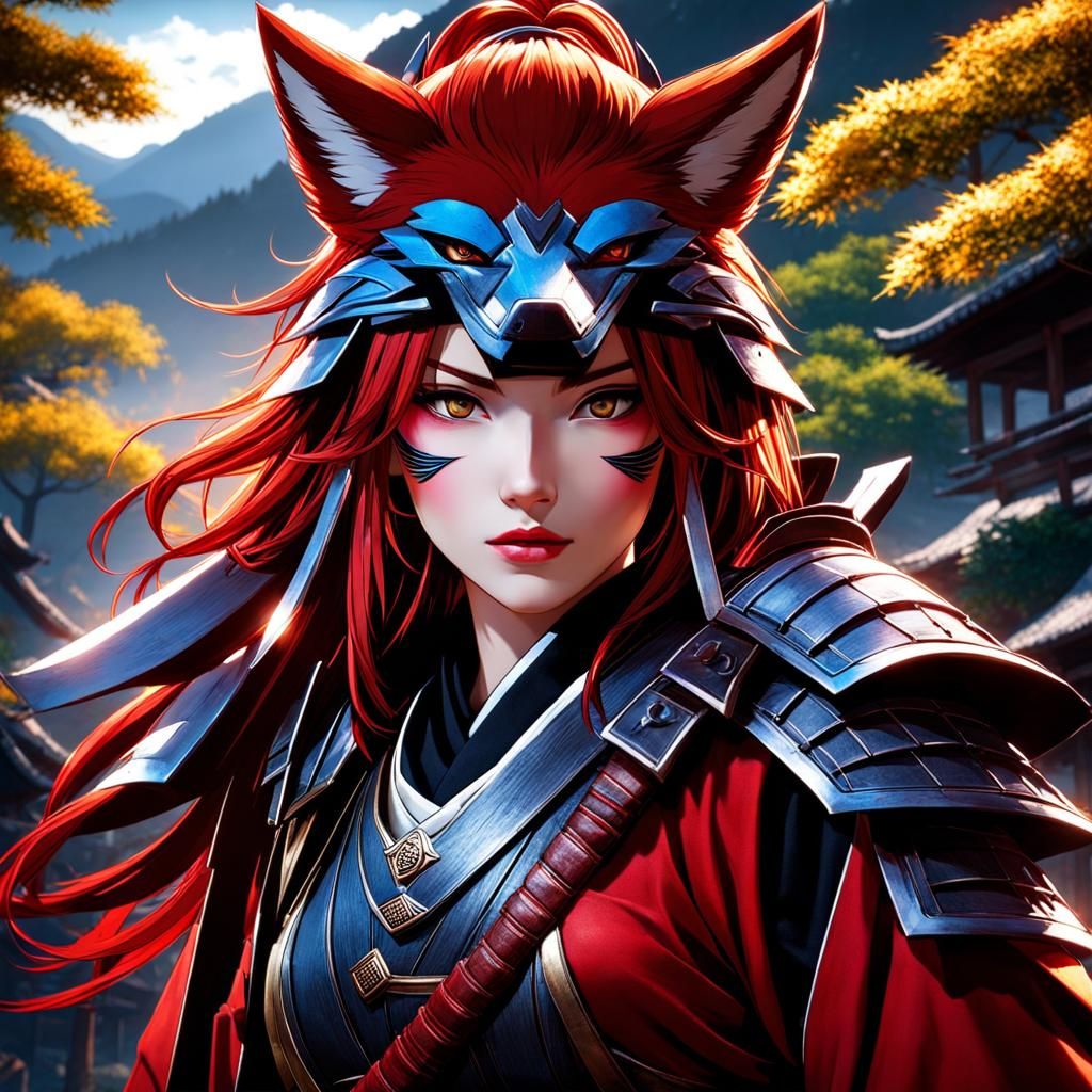 Eden Akari, Red wolf armor, Katana, ancient Japanese Village in ...