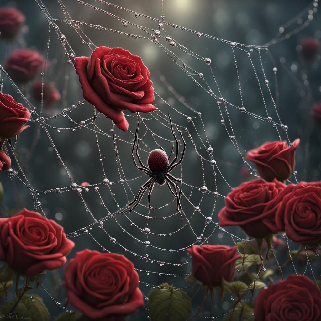 Roses and a spider entangled in a spider's web, glistening dewdrops ...