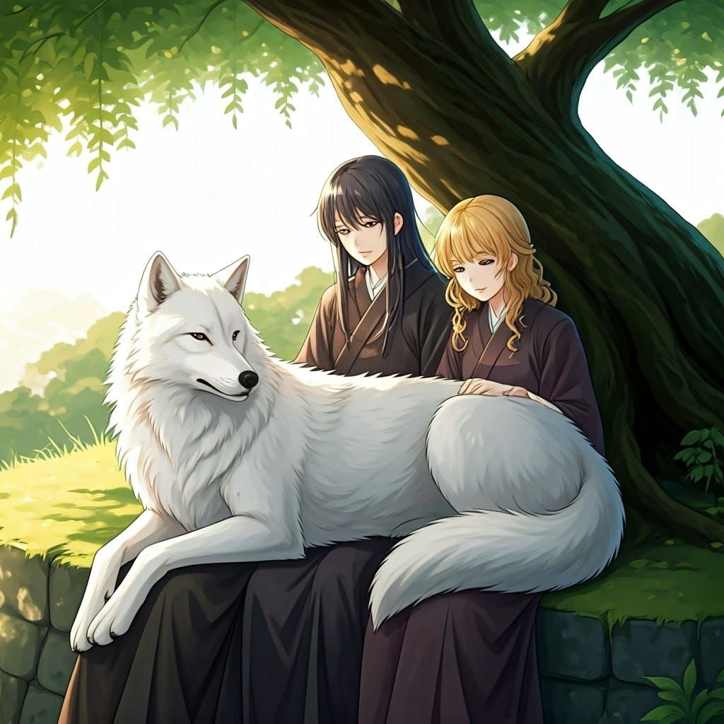 A manga style white wolf laying across the laps of a wavy blond haired girl, and a wavy brunnet ...