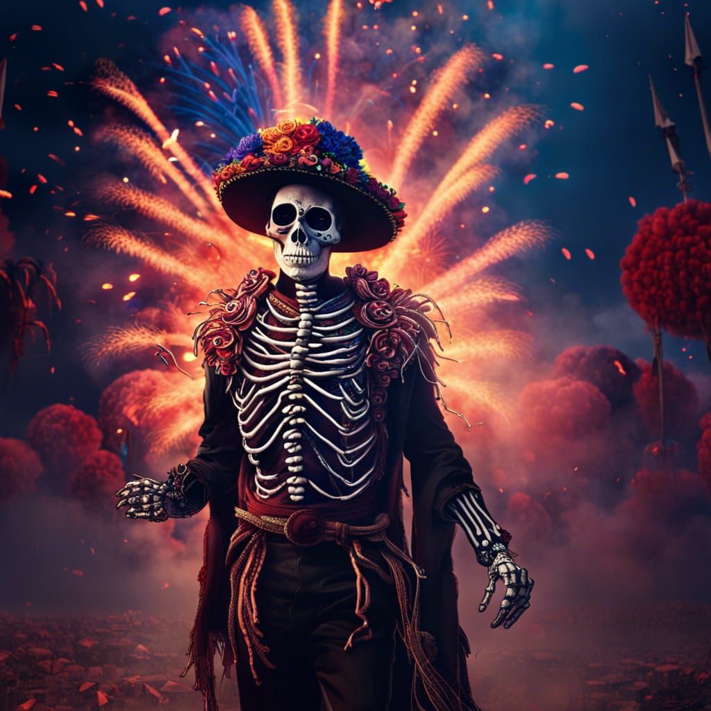 a man wearing a skeleton costume, with fireworks exploding in the ...