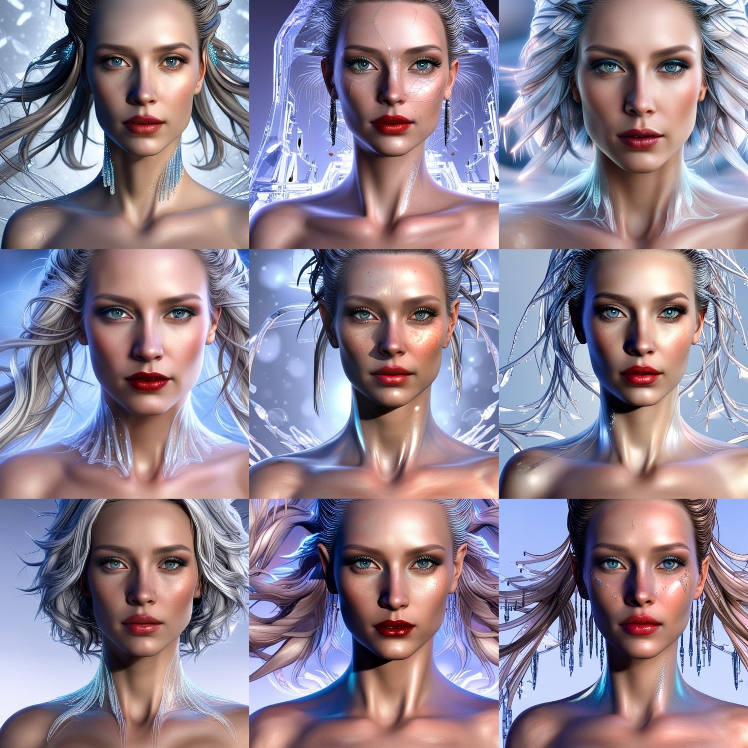 Stunning beautiful woman covered in resin glass crystal hyperdetailed dress, frosted ice, lace ...