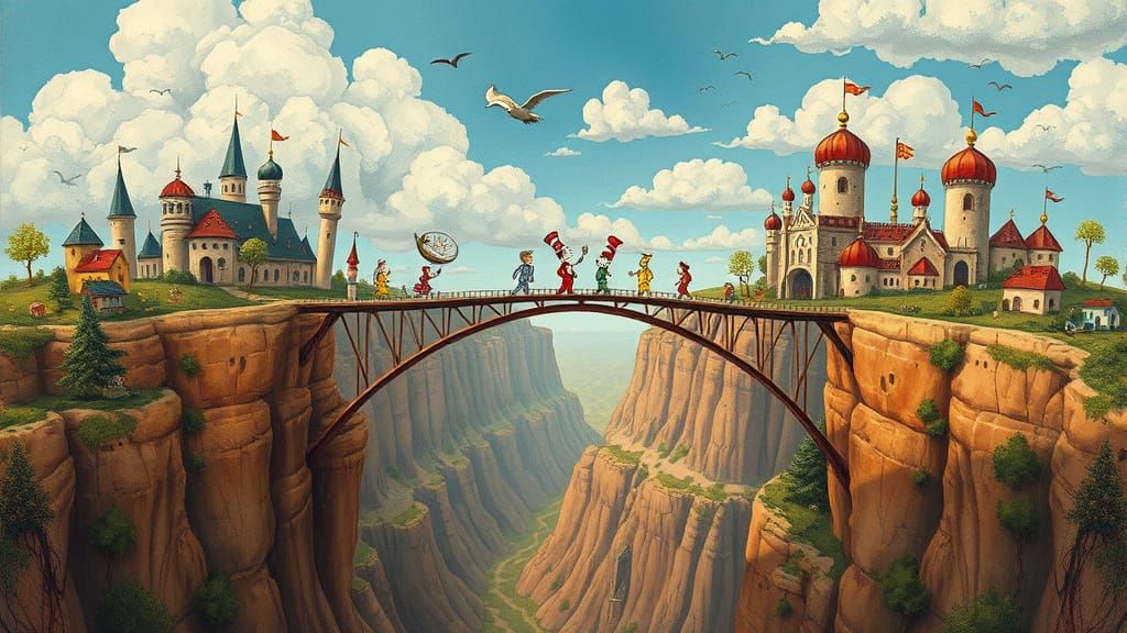 Whimsical Bridge Connects Fantastical Cities Amids... - AI Art