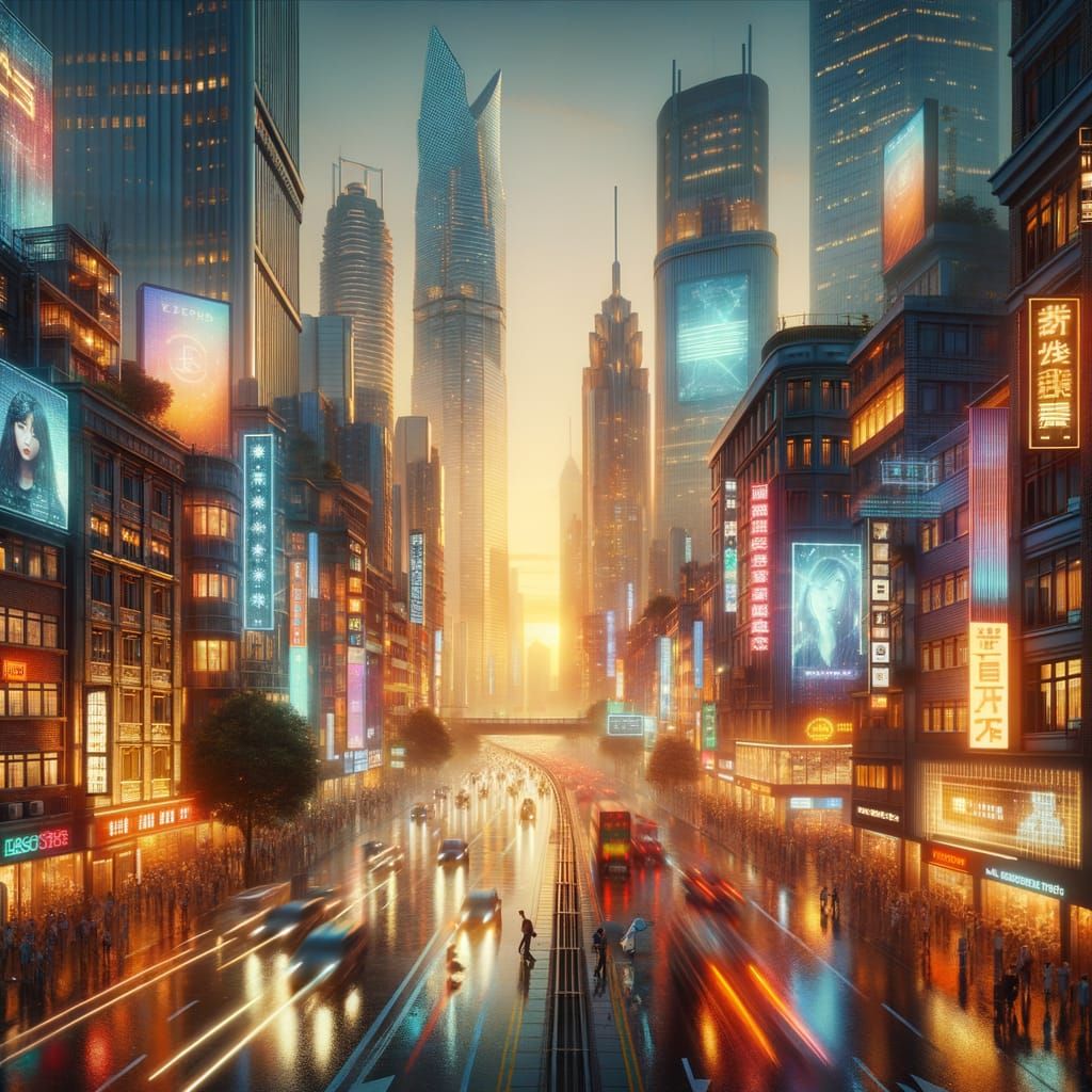 Energetic Hyper-Realistic Cityscape at Sunset - AI Art
