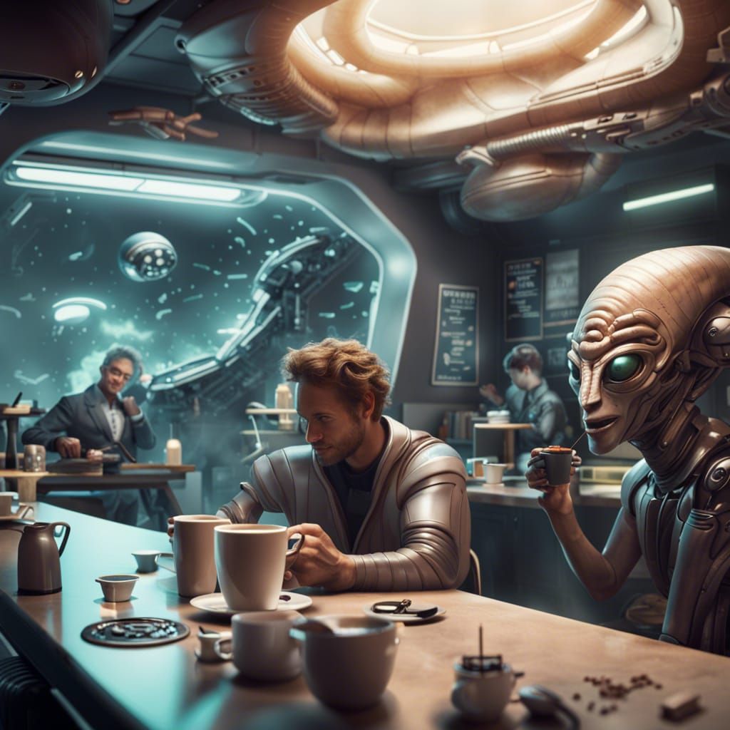 Inside a coffee shop in outre space, someone sipping a coffee, a couple ...