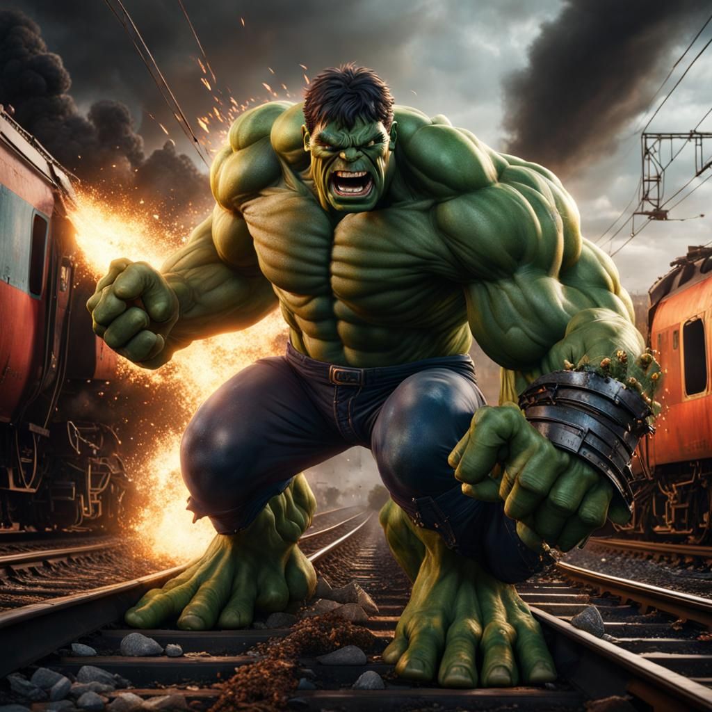 Hyperrealistic Hulk Rips Apart Train in Intense Fa... - AI Art