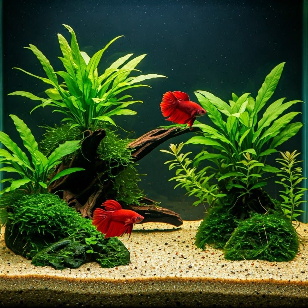 Scarlet red betta fish friendly duo, java fern, java moss on rocks ...
