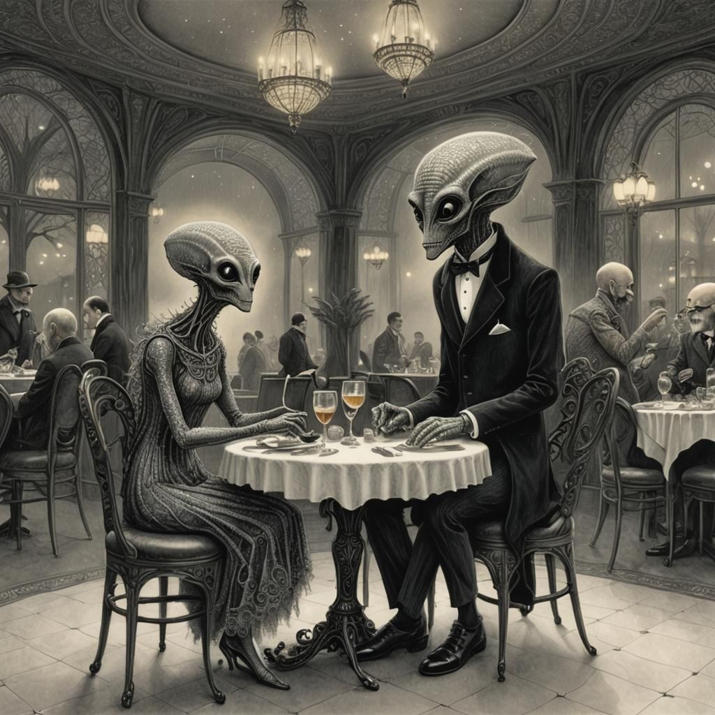 Two aliens on a date in a fancy restaurant, by Edward Gorey - AI ...