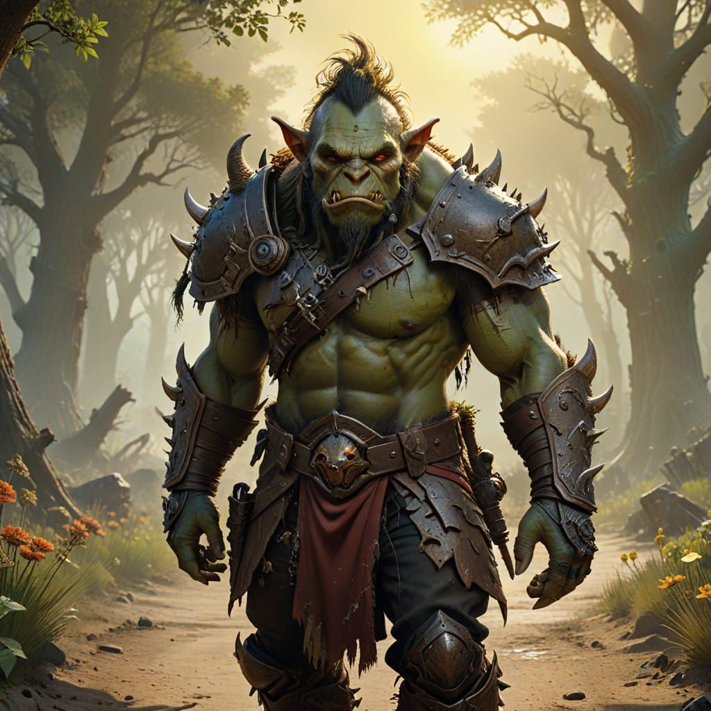 Orc Warrior Strolls Down Ancient Dirt Road with Go... - AI Art