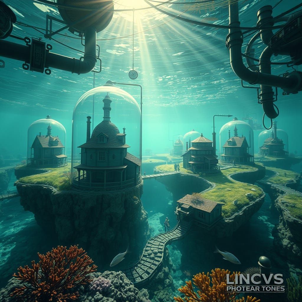 Steampunk city underwater, detailed ocean ground w... - AI Art