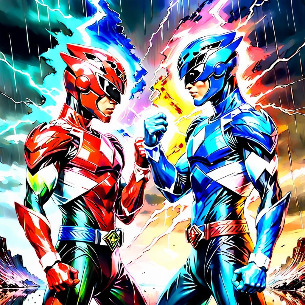 (Two power rangers combining their energy:1.4), (energy and lightning ...