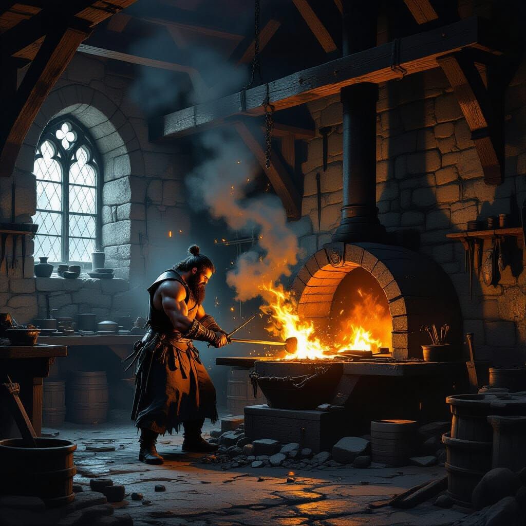 Into the forge - Medieval Blacksmith Working at Forge with B...