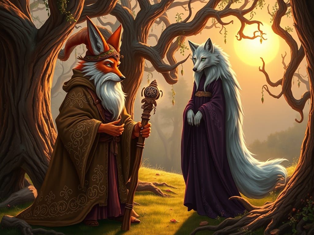 A wise fox wizard engages in a mystical conversation with a majestic ...