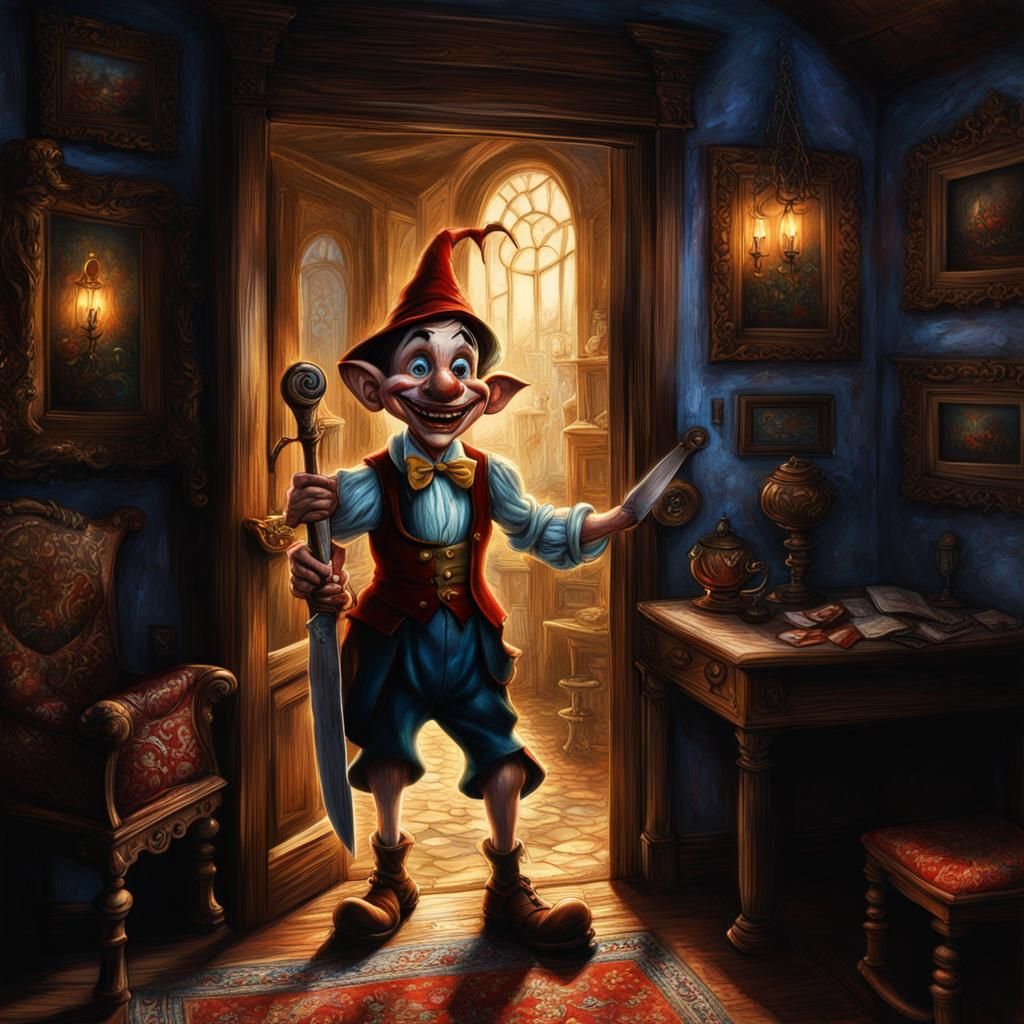 An evil Pinocchio is standing in the doorway to the livingroom with a ...