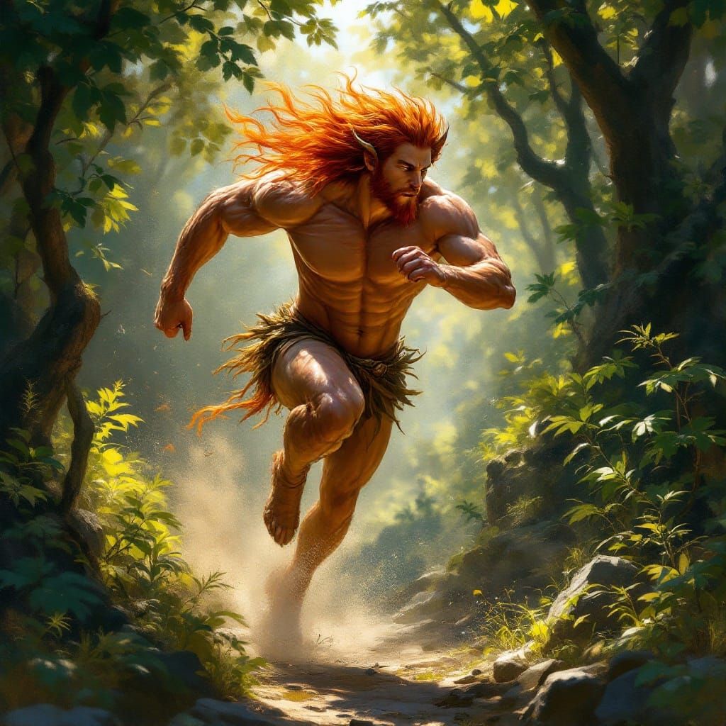 Forest guardian - Classical Satyr Runs Through Sunlit Forest