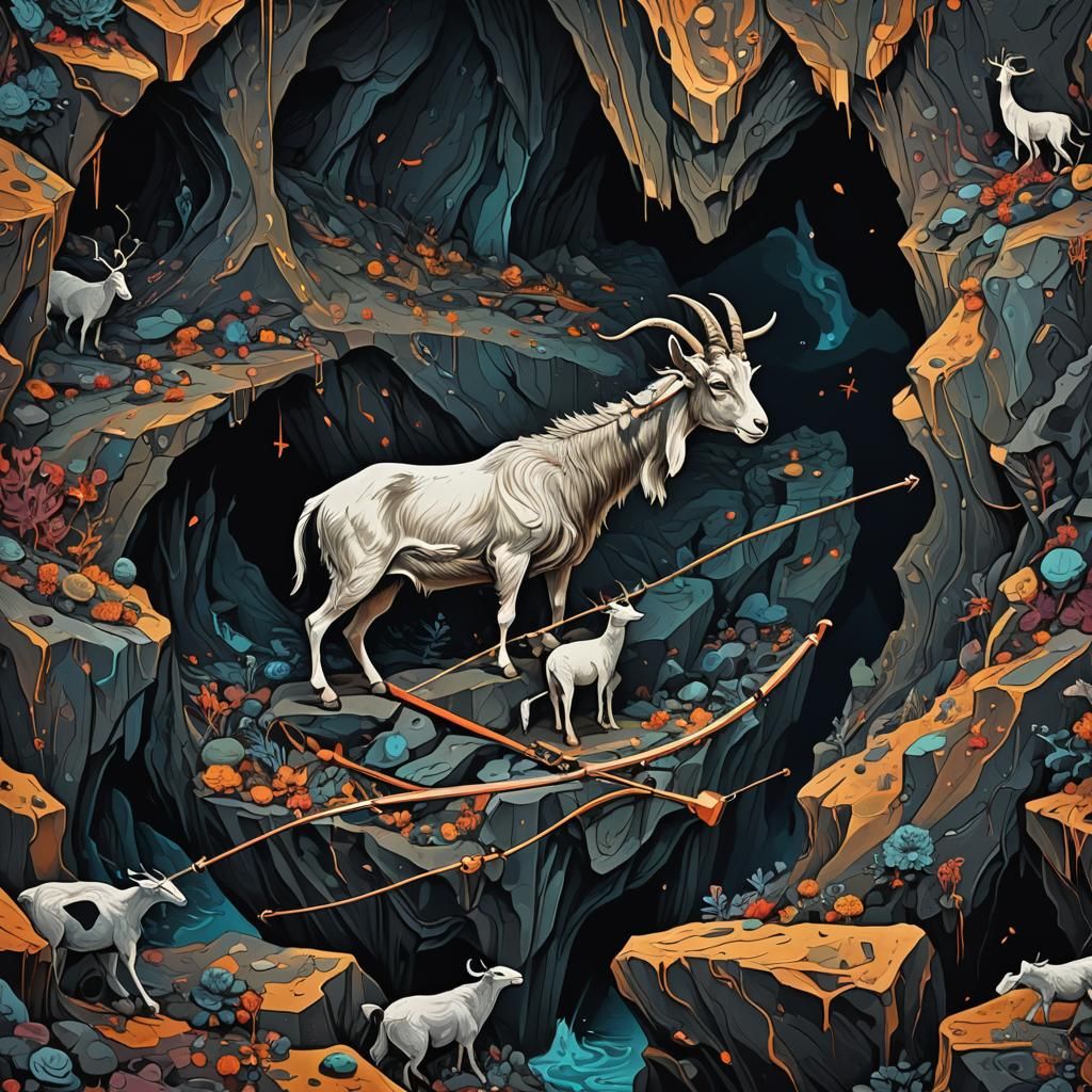 bipedal goat shooting crossbow at whale in dark cavern - AI Generated ...