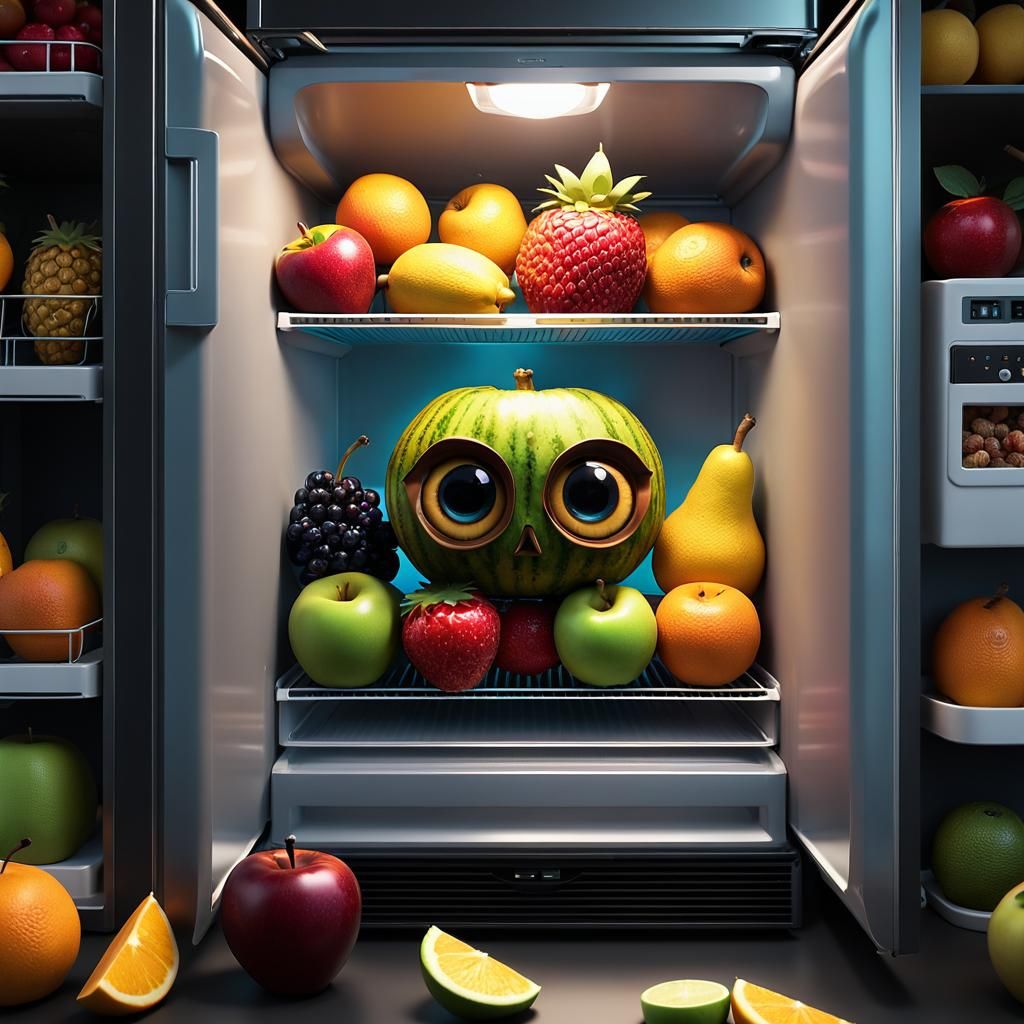 An image of Chibi style fruit inside a refrigerator playing cards in a ...