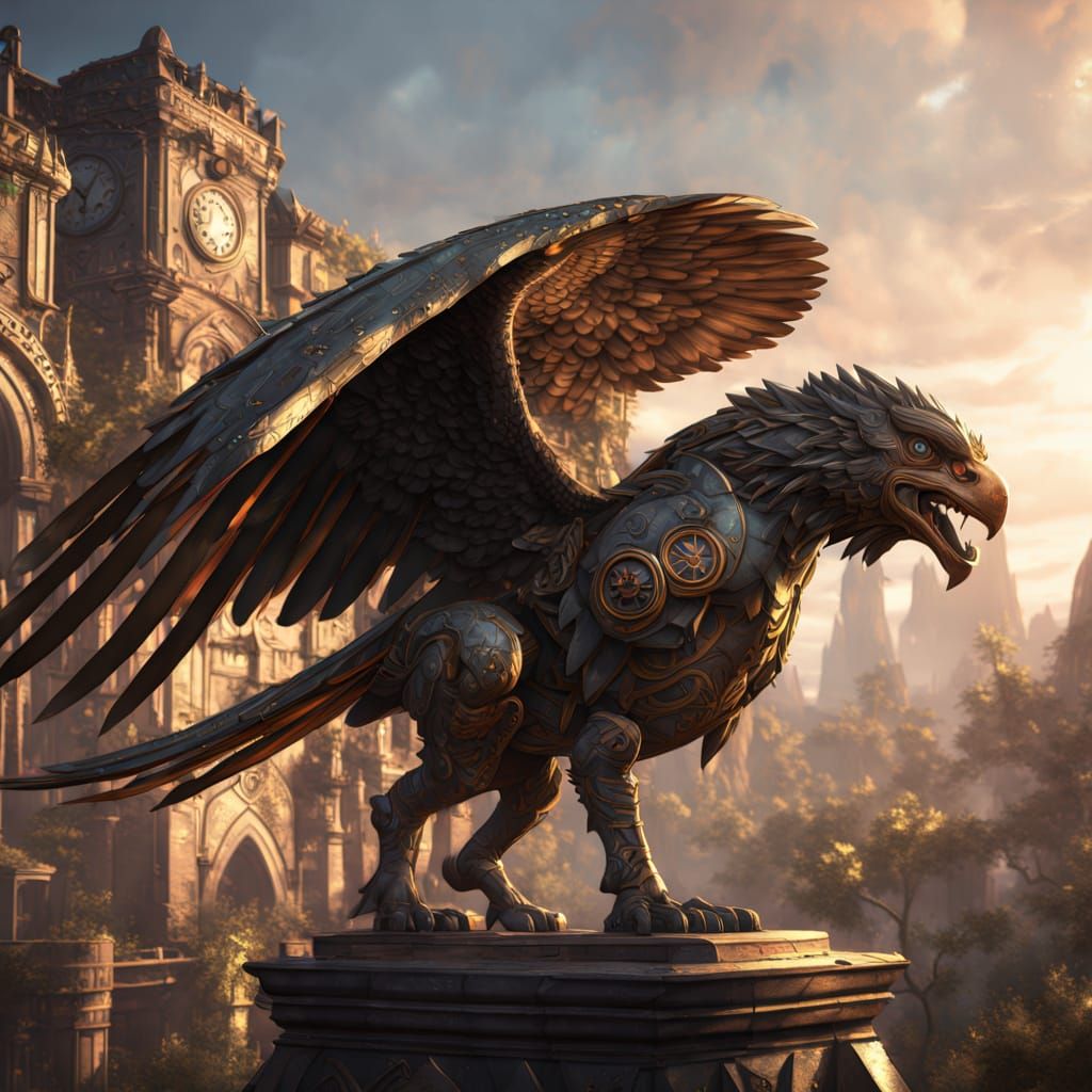 Epic Steampunk Griffin in Flight Above a City of I... - AI Art