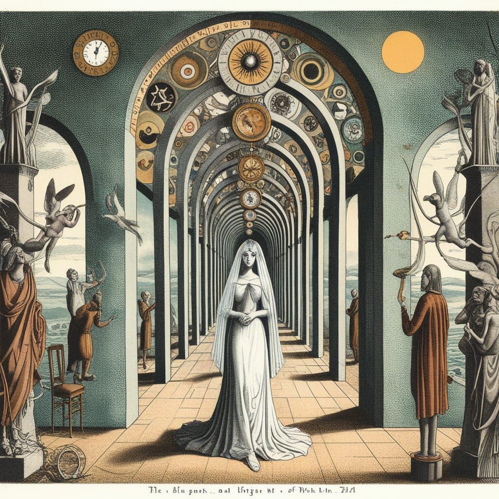 Surrealist Bride Transformation in 1912 Lithograph - AI Art