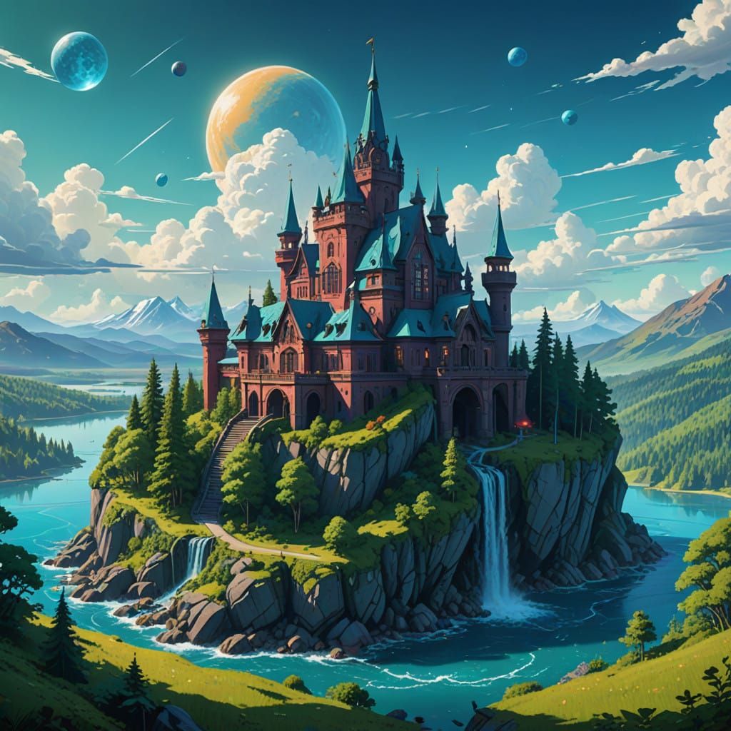 Ethereal Mansion Amid Emerald Forests and Sapphire... - AI Art