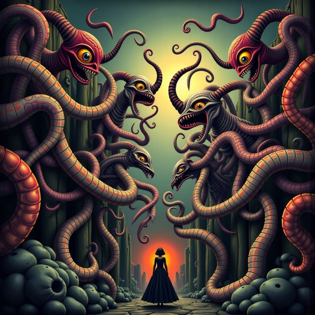 Twisted Demons Overrun Gothic Cityscape in Vibrant... - AI Art