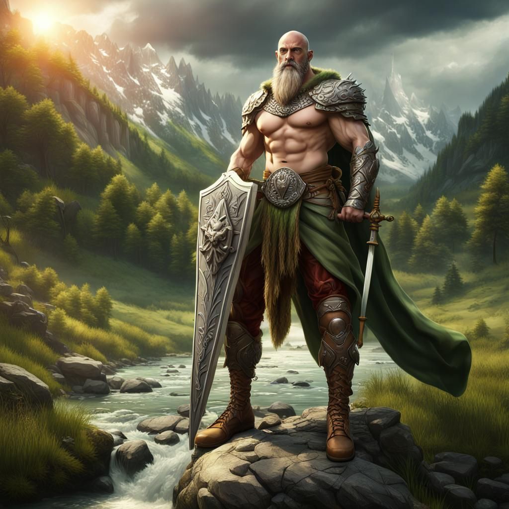 Bodybuilder warrior bald long braided beard fur leggings leather boots ...